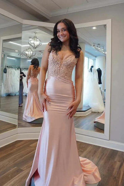 Light Pink Satin Mermaid V Neck Lace Prom Dresses, PL707 | Promnova