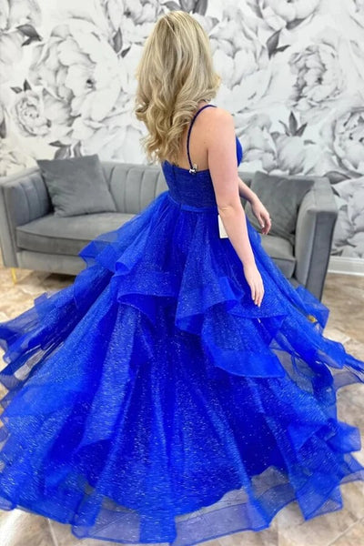 Royal Blue Shiny Tulle A Line V Neck Prom Dresses, PL626 | Promnova