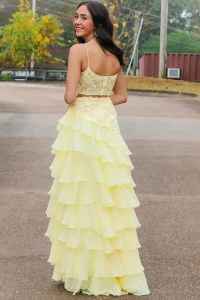 Yellow Chiffon Layered Spaghetti Straps Prom Dresses, PL679 | Promnova