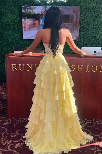 Yellow Tiered Chiffon A Line Sweetheart Prom Dresses, PL717 | Promnova