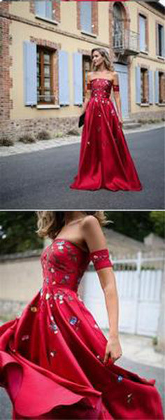 Red Off Shoulder A-line Prom Dresses with Flower Appliques – Promnova